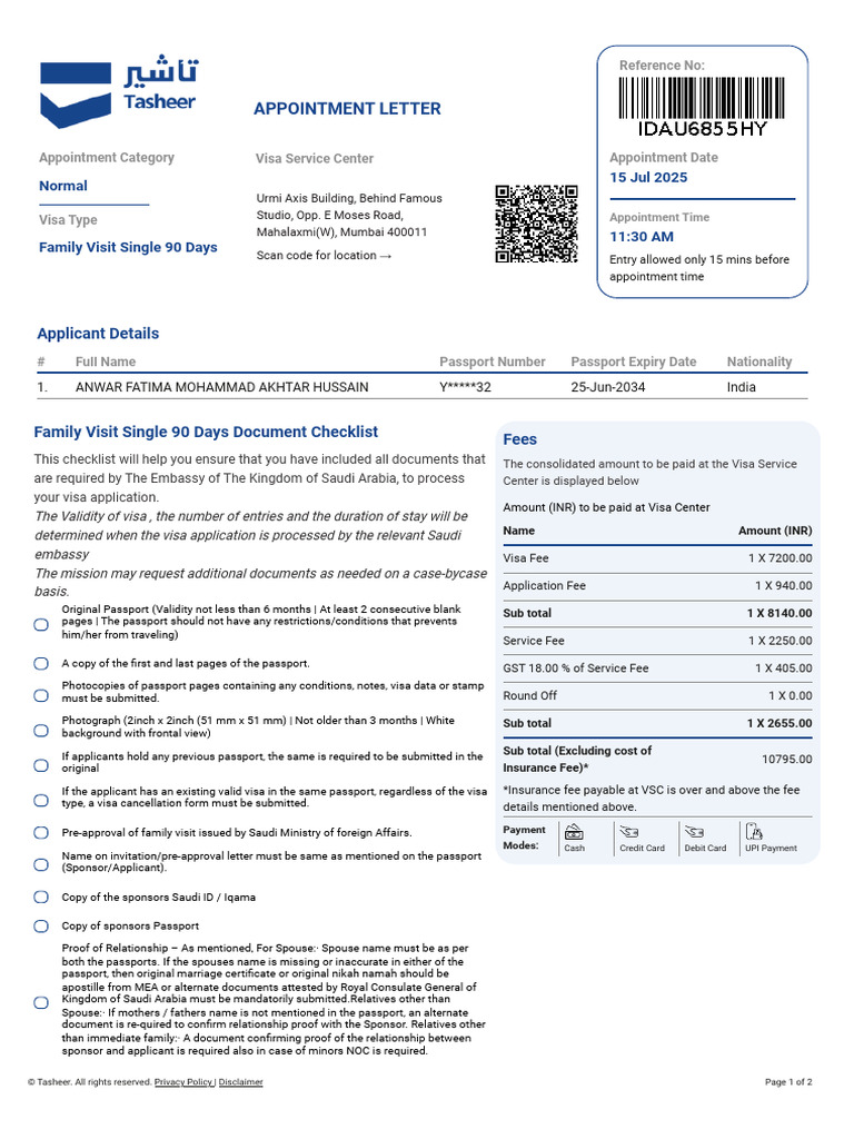 Tasheer Visa Appointment Details | PDF | Travel Visa | Passport