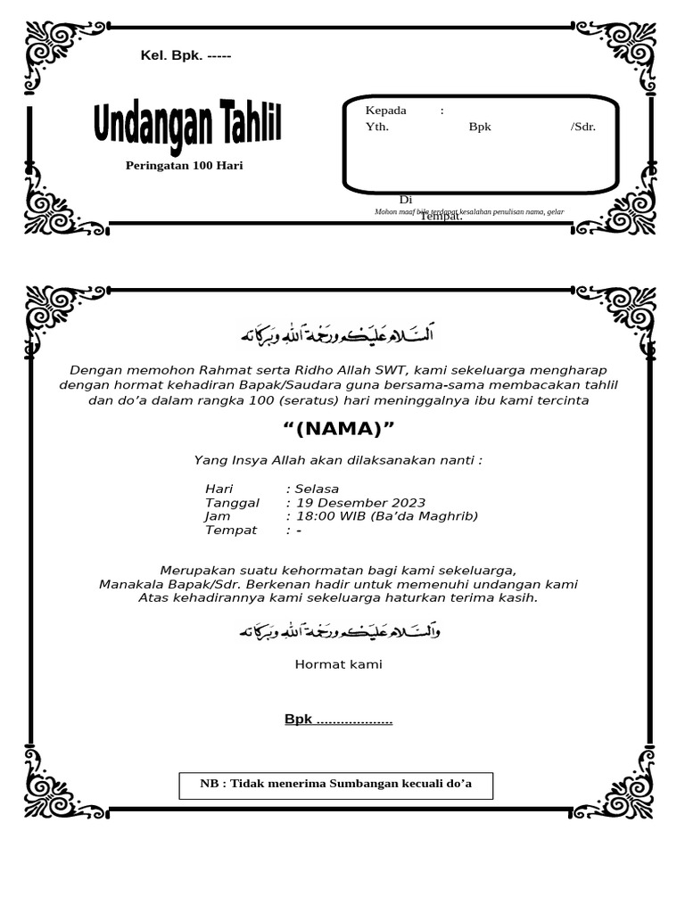 Undangan Tahlil 100 Hari | PDF