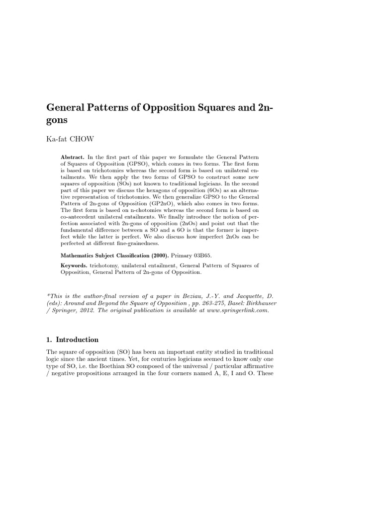 General Patterns of Opposition Squares and 2n-Gons | PDF | Logic ...