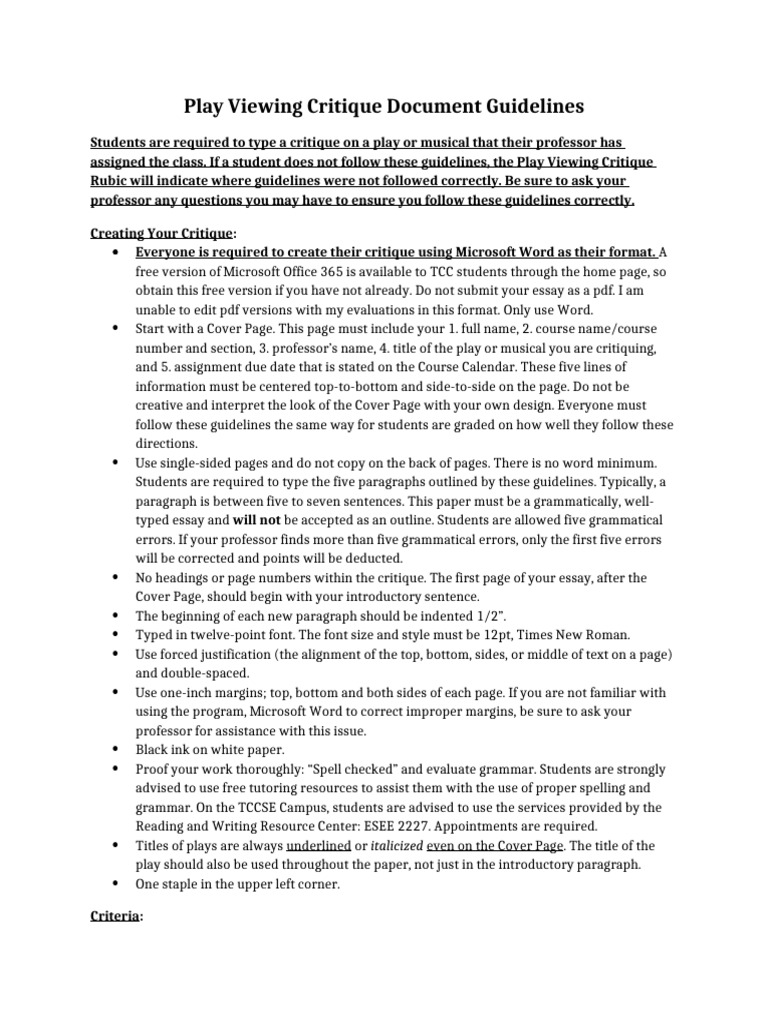 Play Critique Guidelines for Students | PDF | Paragraph