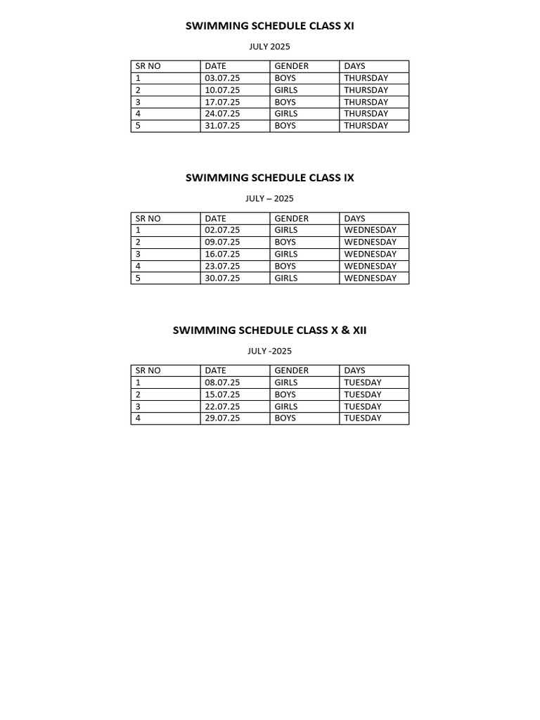 Swimming Schedule July 2025-1 | PDF