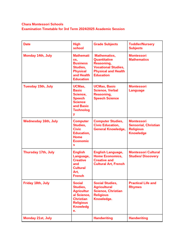Chara Montessori School Exam Schedule 2024 | PDF