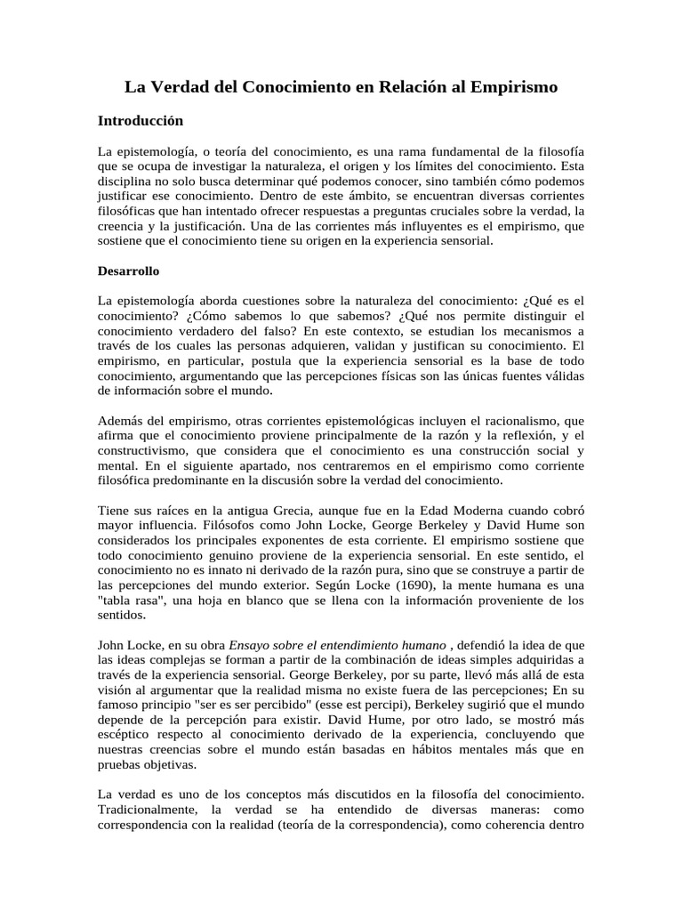 La Verdad Del Conocimiento en Relación Al Empirismo | PDF | Conocimiento | Empirismo
