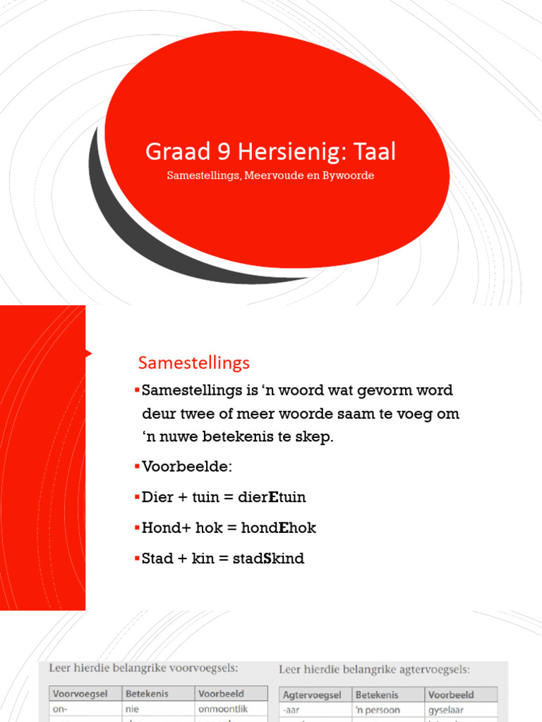 Graad 9 Hersiening Taal - Samestellings Meervoude Bywoorde | PDF
