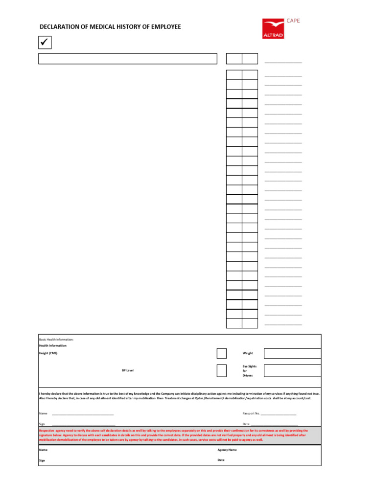 Employee Medical History Declaration | PDF | Medicine | Clinical Medicine
