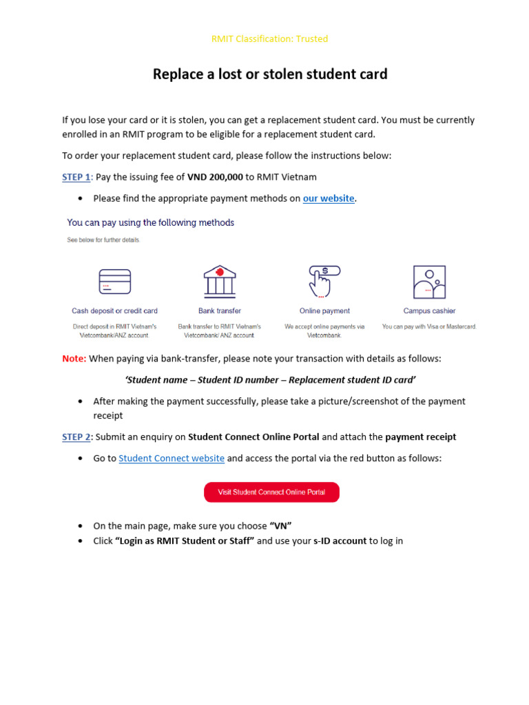 RMIT Student Card Replacement Process | PDF | Payments