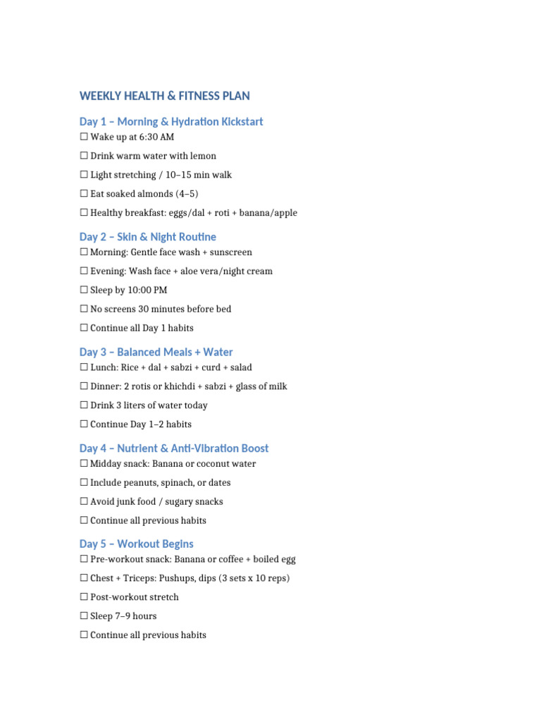 Weekly Health Fitness Checklist | PDF