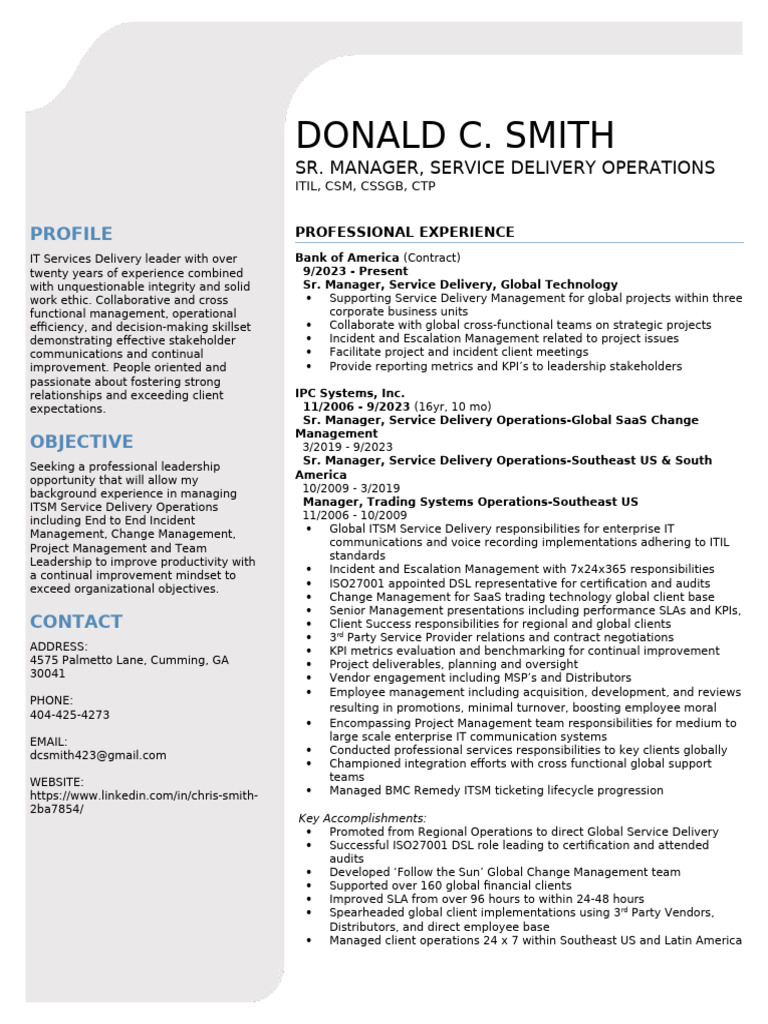 IT Service Delivery Manager Profile | PDF | It Service Management ...