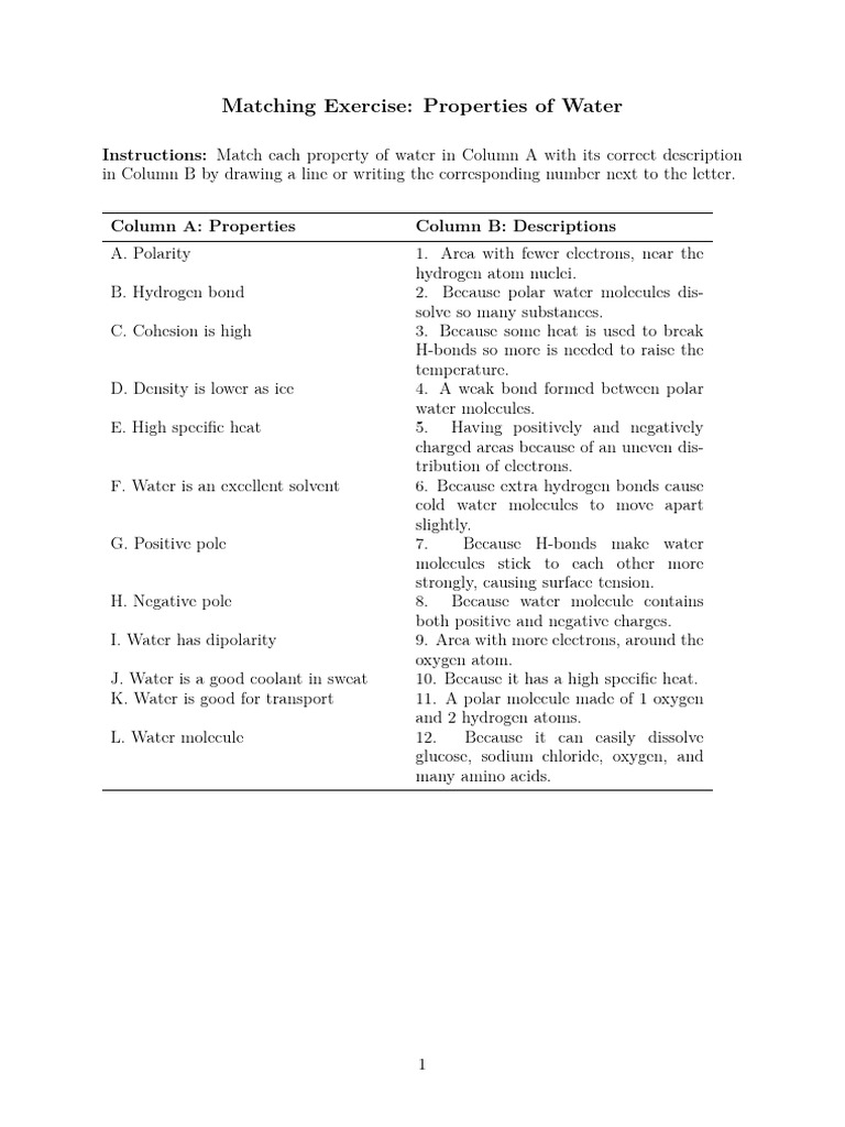 Properties of Water Match | PDF