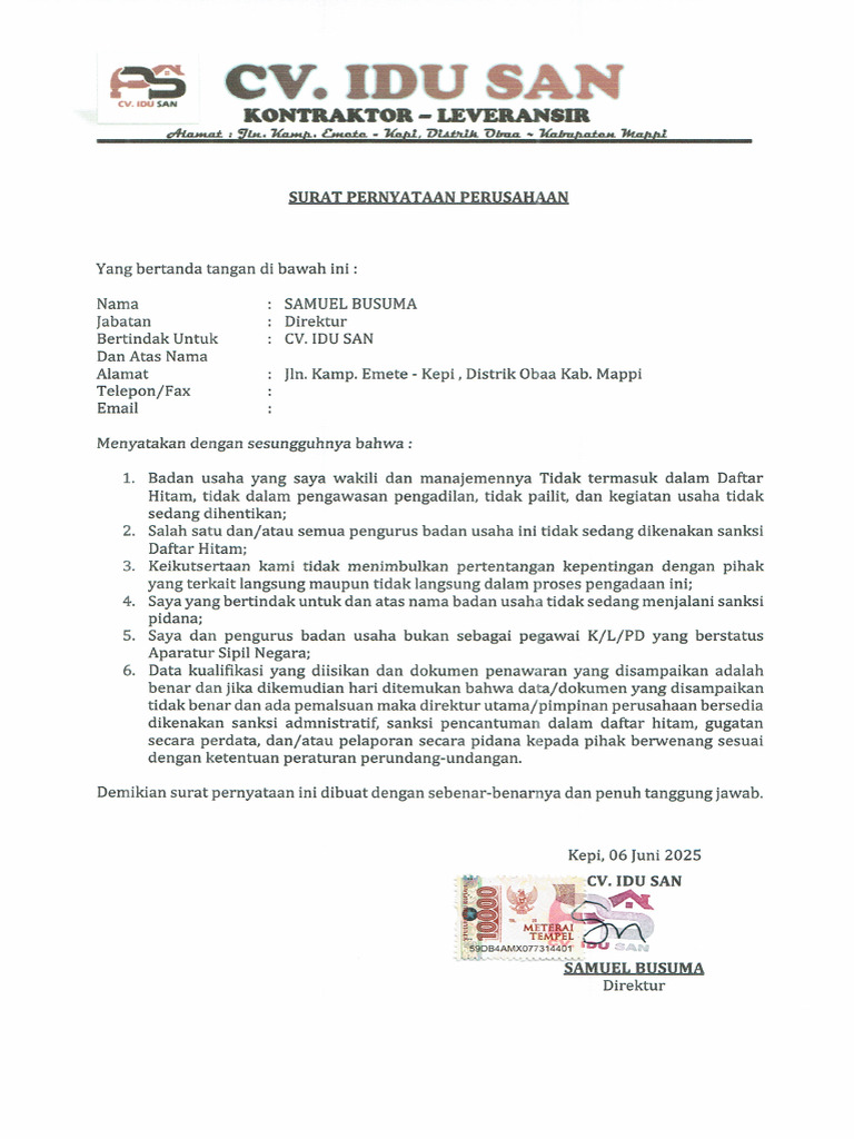 Surat Pernyataan Perusahaan | PDF