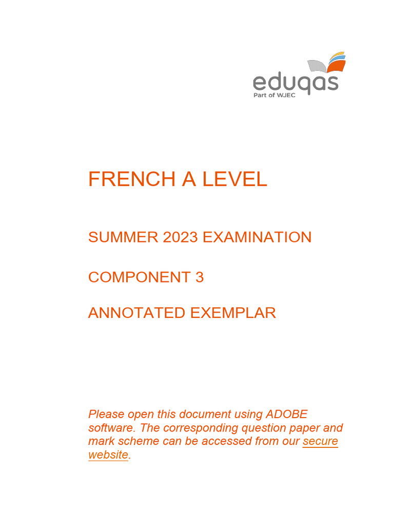Eduqas A Level French Component 3 Exemplar Scripts 2023 | PDF