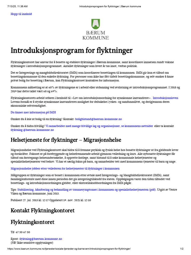 Introduksjonsprogram For Flyktninger - Bærum Kommune | PDF