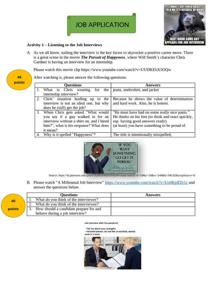 JOB APPLICATION (Activity 1) ANSWER | PDF | Job Interview | Psychology