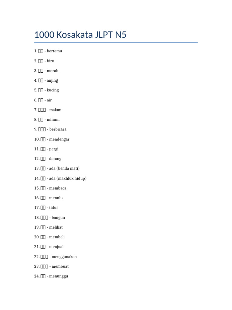 1000 Kosakata JLPT N5 Lengkap | PDF