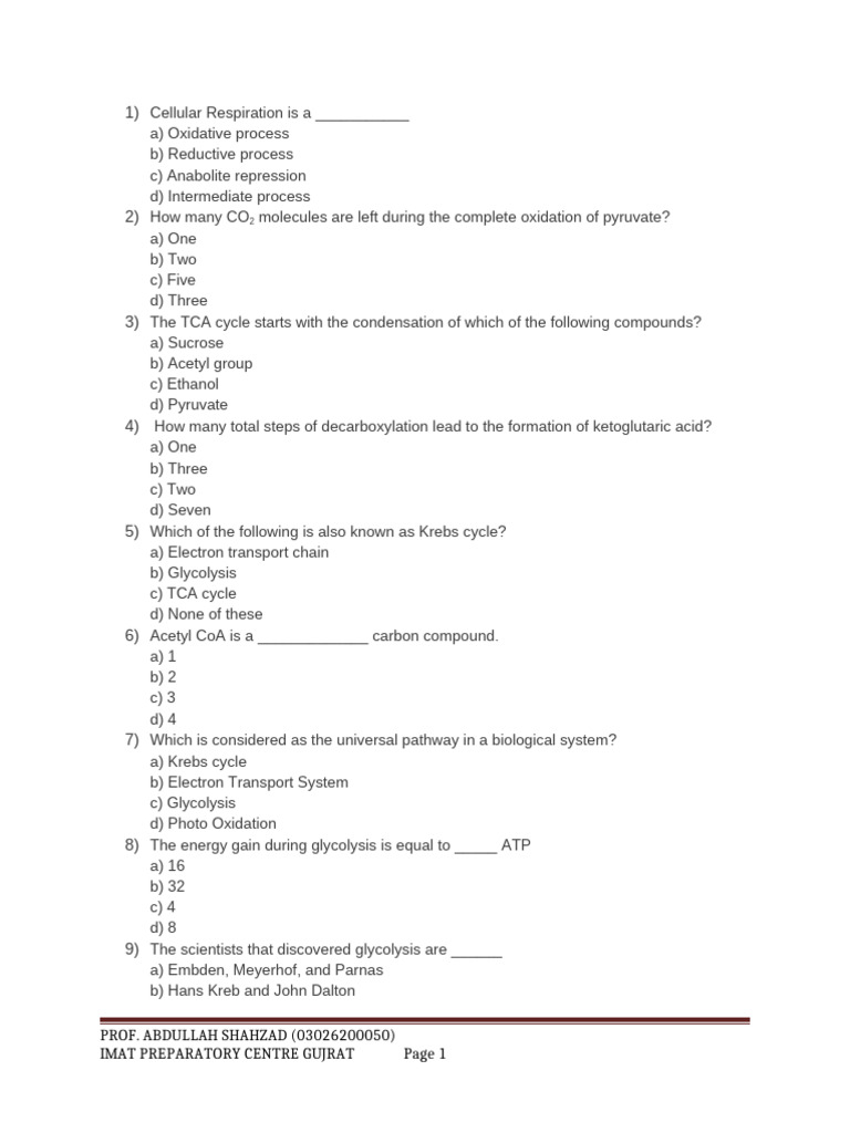 Cellular Respiration Quiz Questions | PDF | Cellular Respiration ...