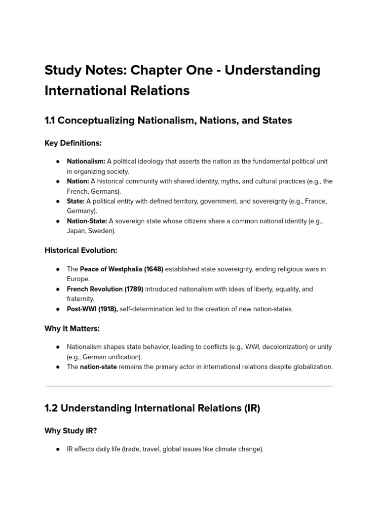 Study Notes Chapter One Understanding International Relations | PDF ...