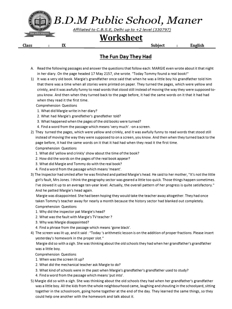 English Worksheet PDF Class - 9 | PDF