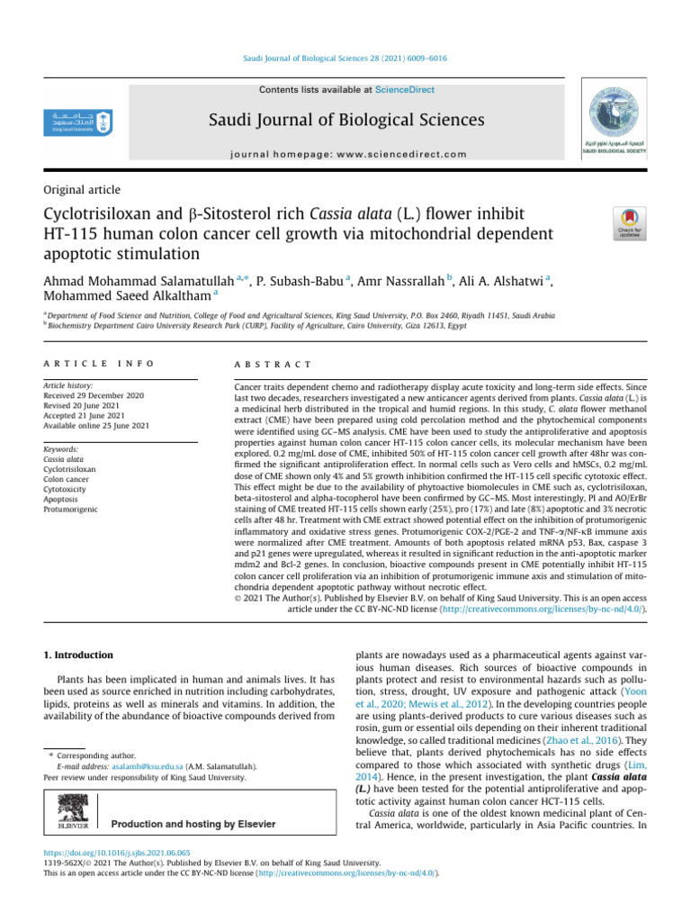 Cyclotrisiloxan and B-Sitosterol Rich Cassia Alata | PDF | Apoptosis | Reactive Oxygen Species