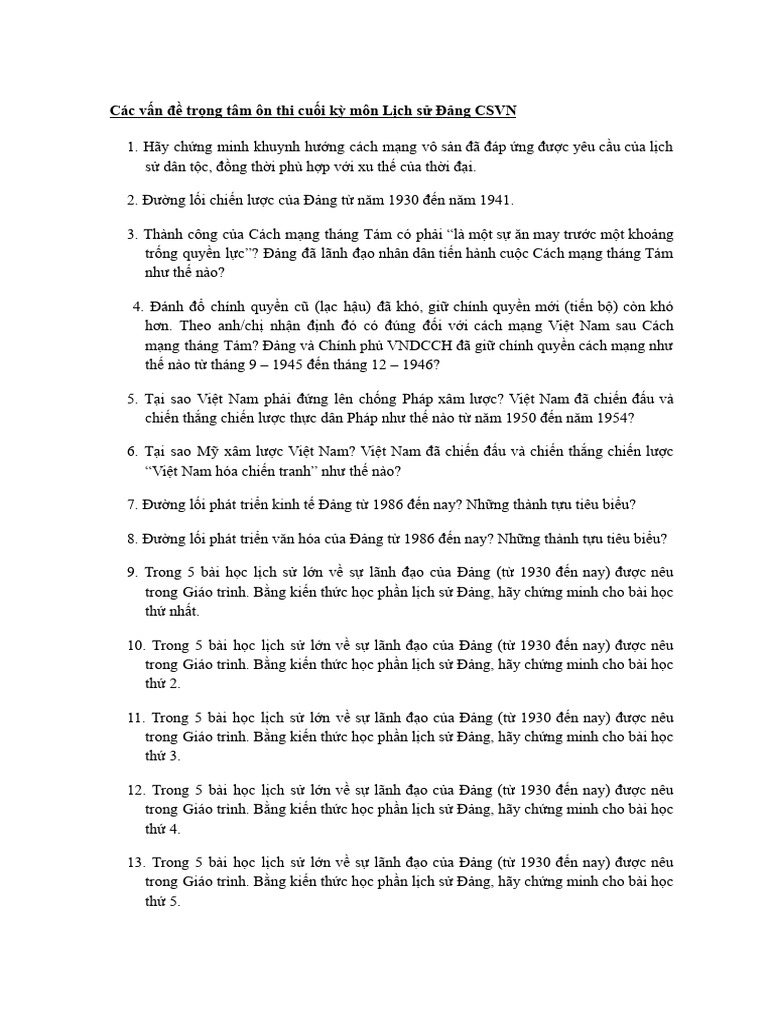 Các Vấn Đề Trọng Tâm Ôn Thi Cuối Kỳ Môn Lịch Sử Đảng CSVN | PDF