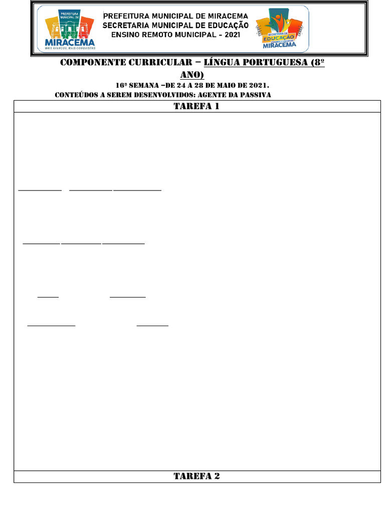 Agente Da Passiva Explicação e Exercicios | PDF | Assunto (gramática ...