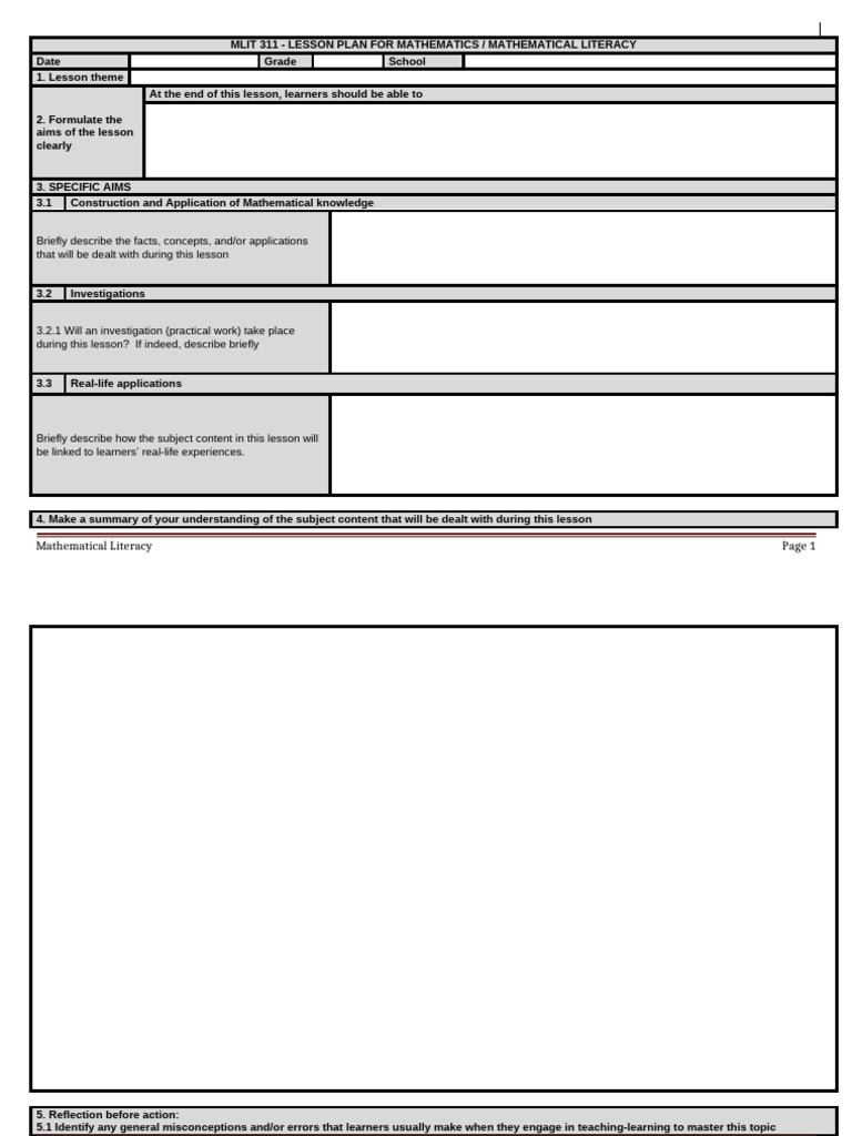 Mathematics Literacy Lesson Plan | PDF | Learning | Lesson Plan