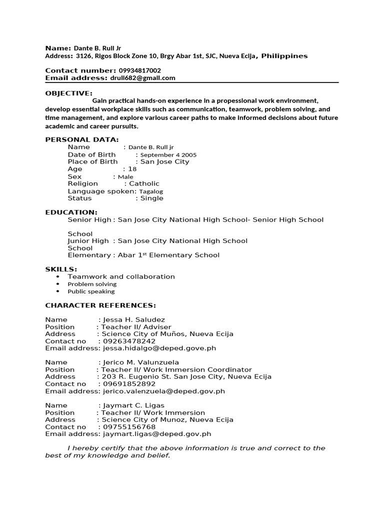 SAMANTHA Resume Work Immersion 1 | PDF | Learning | Cognition