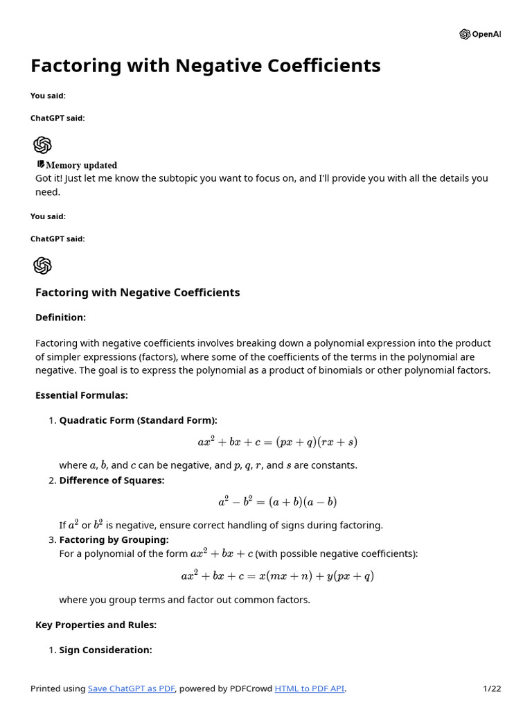 02 Factoring With Negative Coefficients | PDF | Quadratic Equation ...