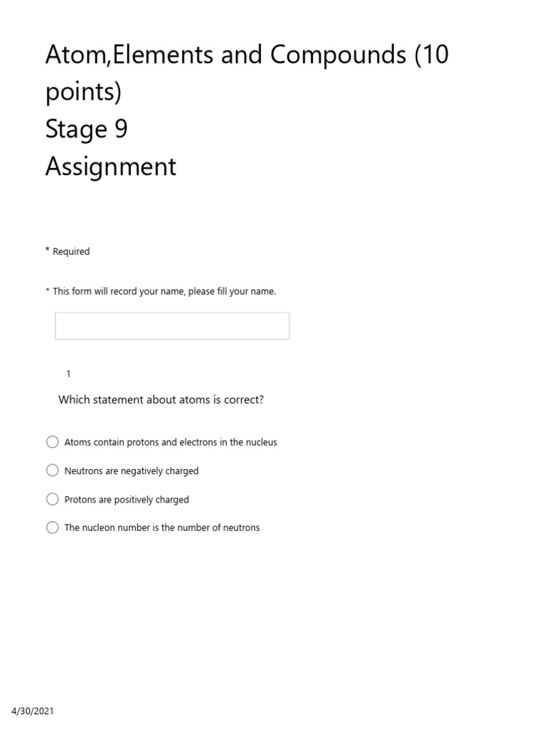 Understanding Atoms and Elements Quiz | PDF | Atoms | Chemical Elements