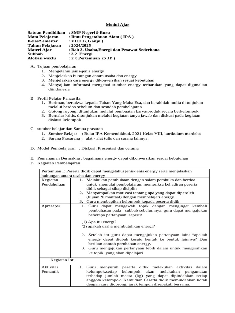 Modul Ajar IPA Kelas VIII: Energi dan Usaha | PDF