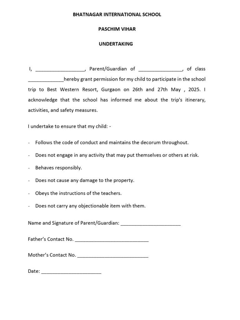 School Trip Permission Undertaking Form | PDF