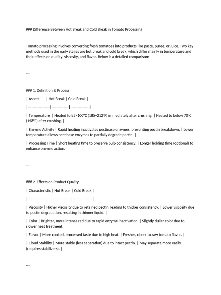 Difference Between Hot Break and Cold Break in Tomato Processing | PDF
