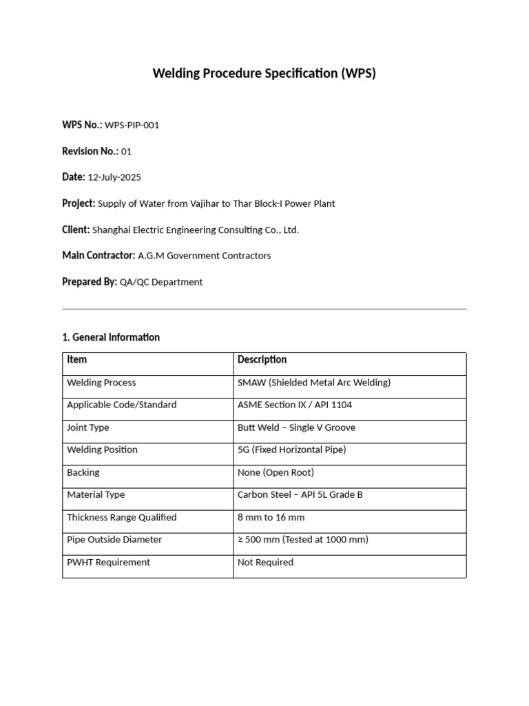Welding Procedure Specification WPS-PIP-001 | PDF | Welding | Construction