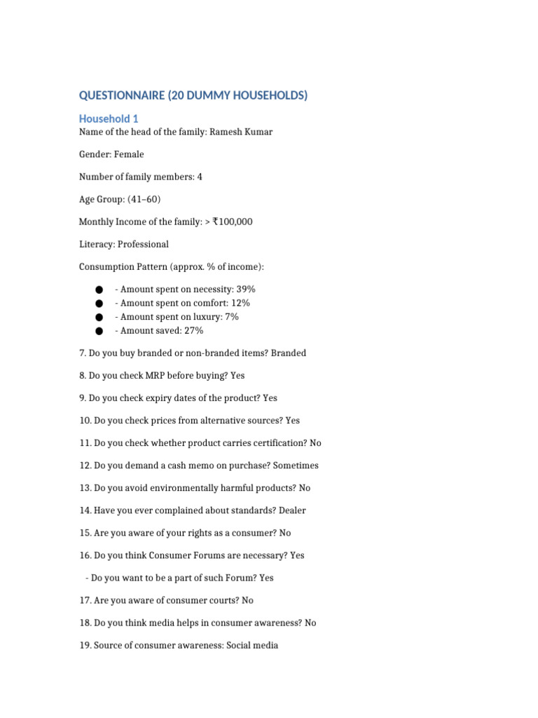 20 Dummy Households Questionnaire Fixed | PDF | Consumer Behaviour ...