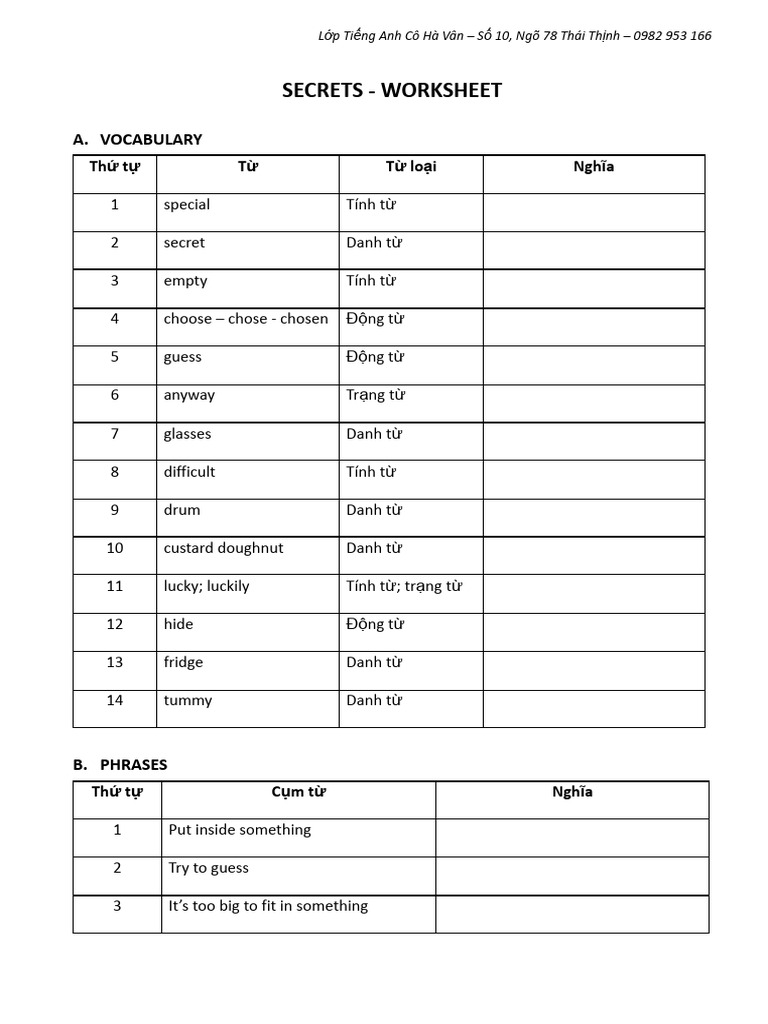 Secrets - Worksheet: A. Vocabulary | PDF