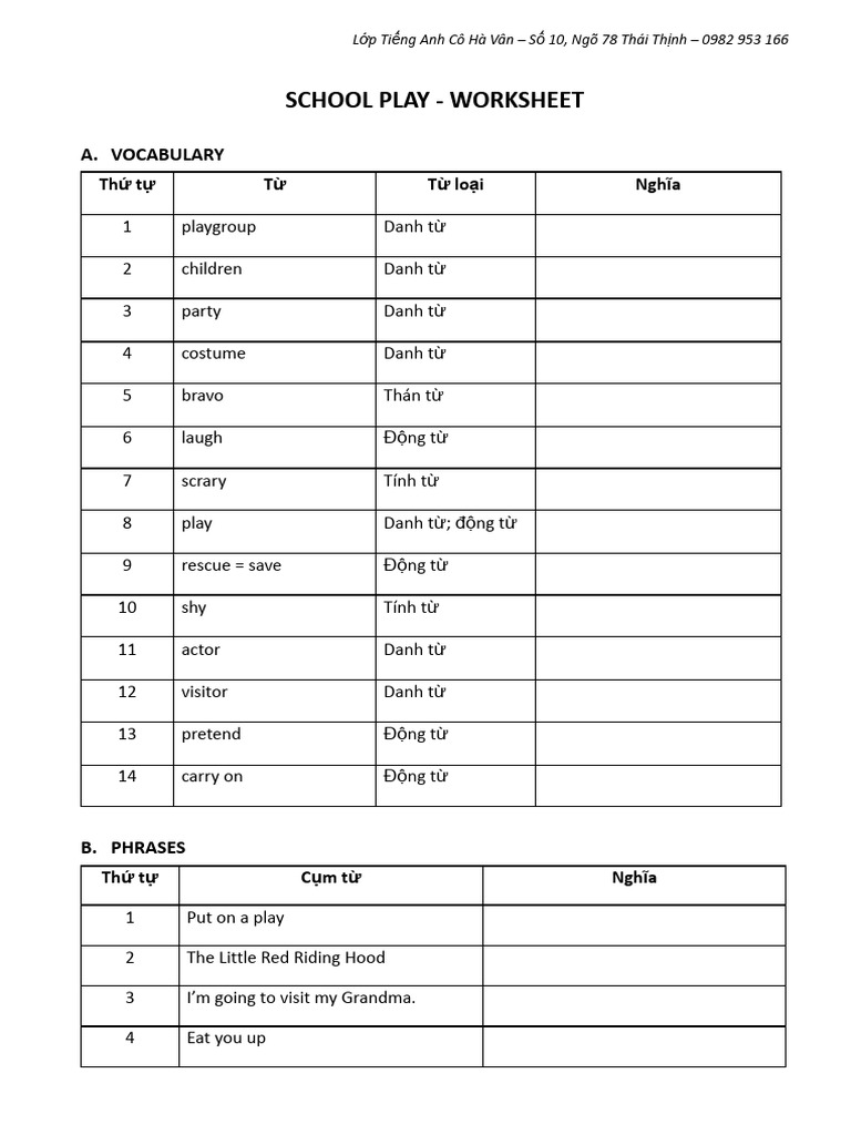 School Play - Worksheet: A. Vocabulary | PDF