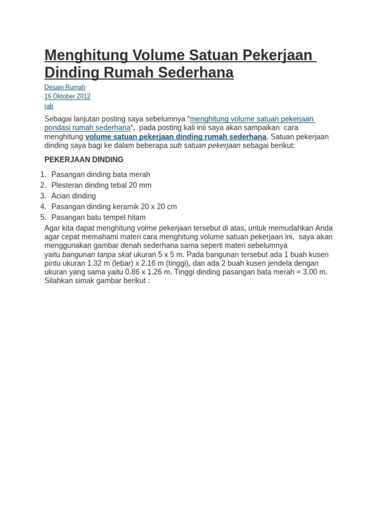 Menghitung Volume Satuan Pekerjaan Dinding Rumah Sederhana | PDF