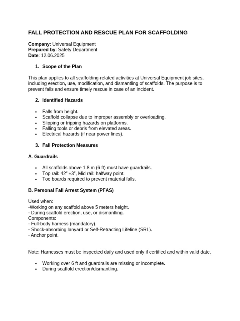 Scaffolding Fall Protection & Rescue Plan | PDF | Scaffolding | Working ...