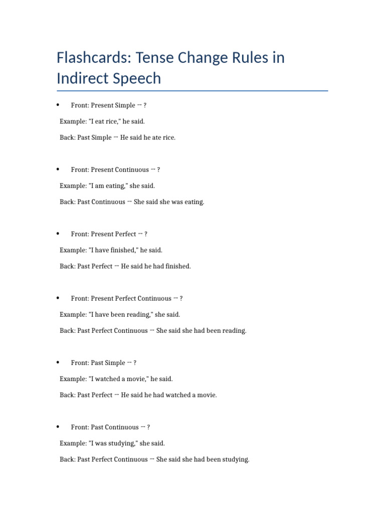 Tense Change Indirect Speech Flashcards | PDF