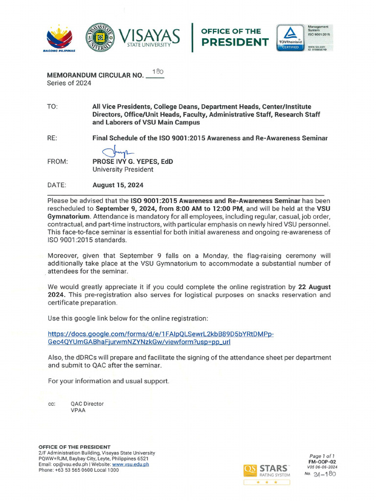 OP Memo Circular # 180, Series of 2024 Re Final Schedule of The ISO 9001.2015 Awareness and Re ...