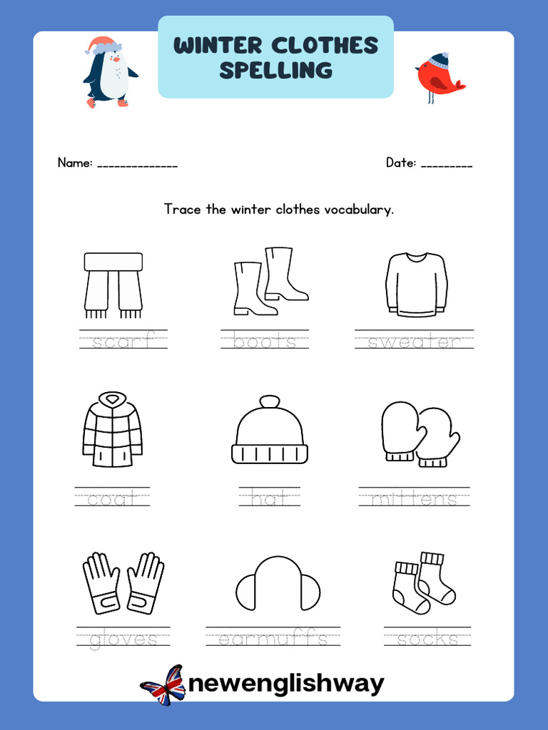 Blue Winter Clothes Vocabulary Writing Worksheet PDF | PDF