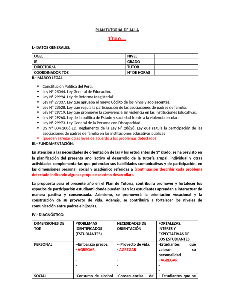 Plan Tutorial de Aula Modelo | PDF | Evaluación | Aprendizaje
