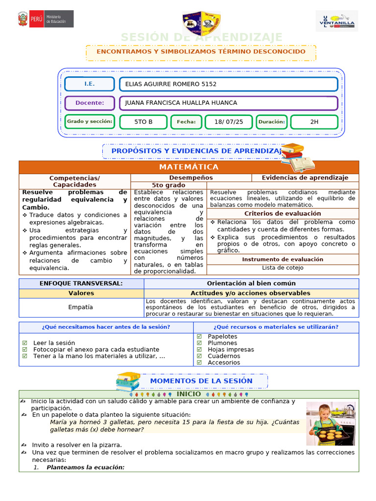 Sesion de Prendizaje Mate Encontramos Termino Desconocido Ecuaciones | PDF | Ecuaciones ...