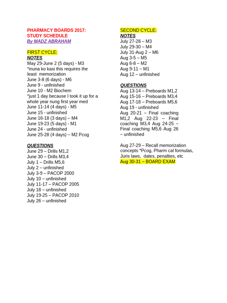 Pharma Boards Study Schedule | PDF