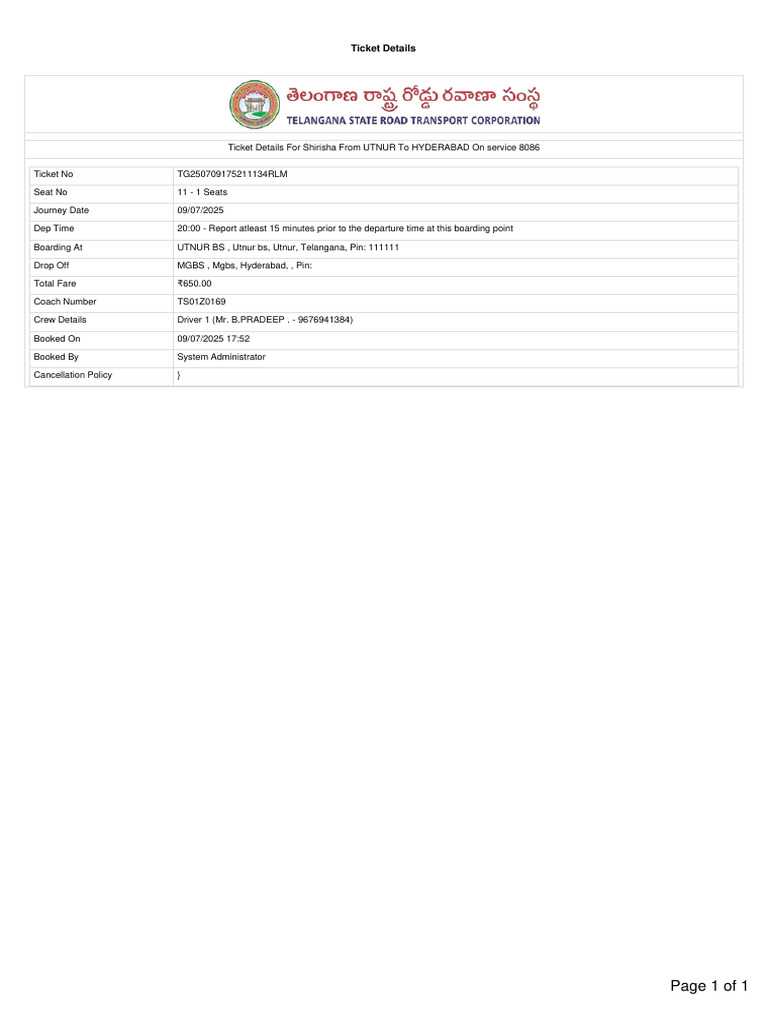 Ticket Details: UTNUR to HYDERABAD | PDF