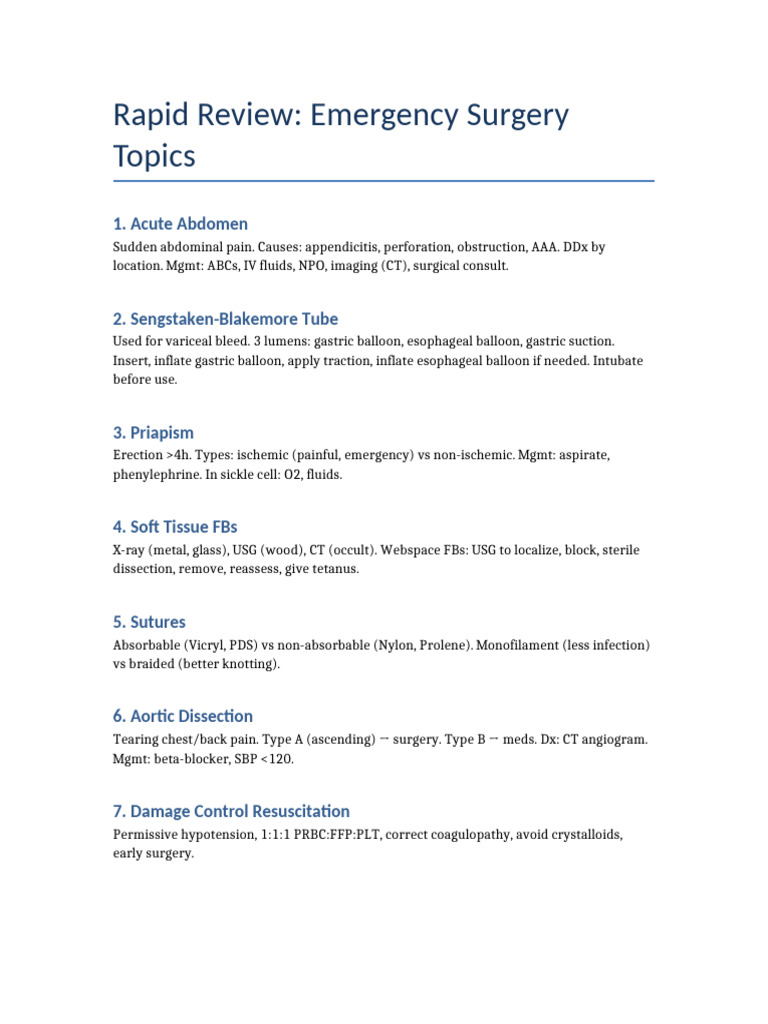 Rapid Review Emergency Surgery Topics | PDF