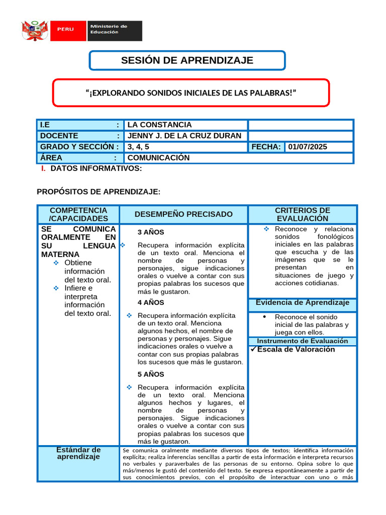 2 "Explorando Sonidos Iniciales de Las Palabras" | PDF | Aprendizaje ...