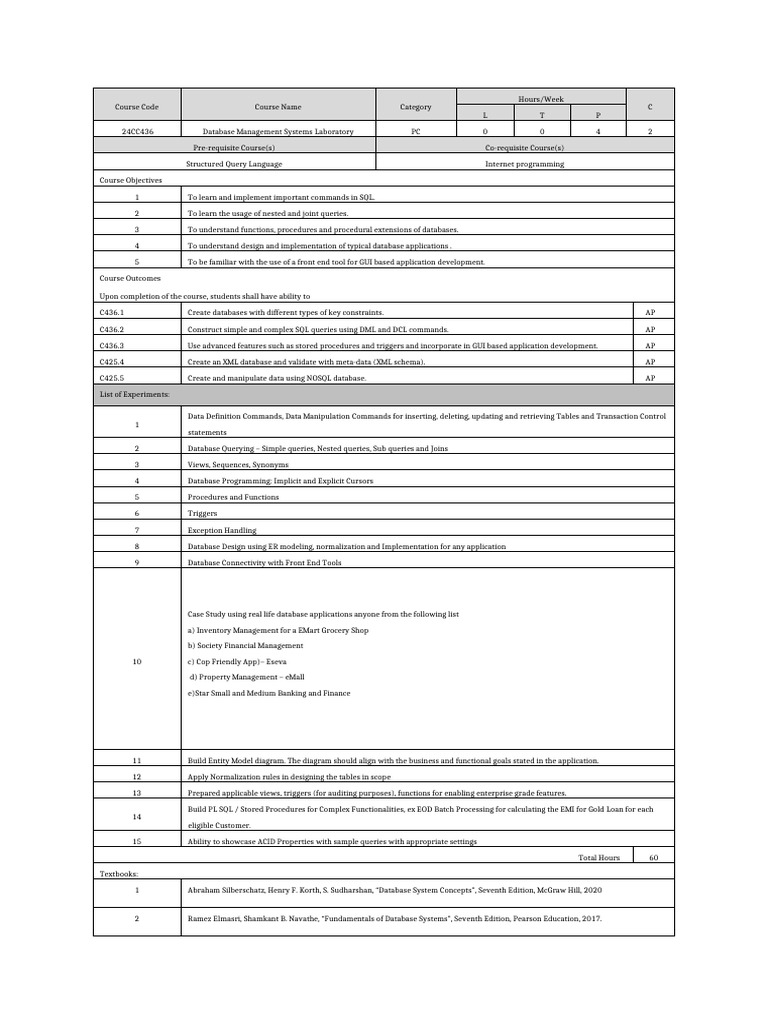 Dbms Lab Syllabus New Format | PDF | Databases | Sql
