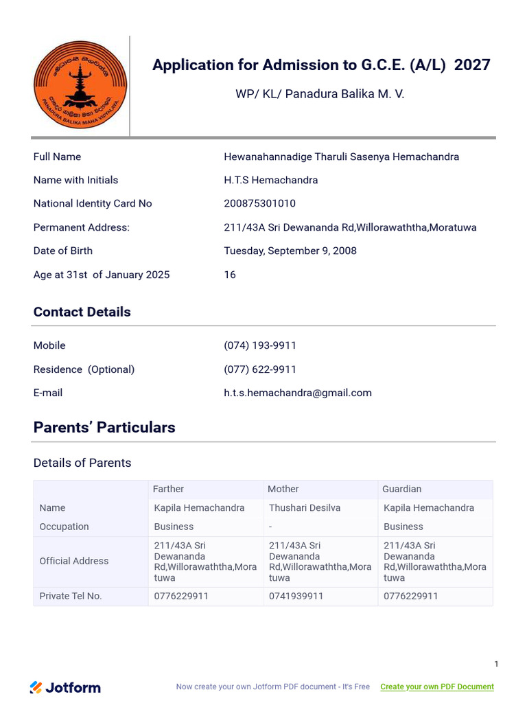 Panadura Balika A/L Application 2027 | PDF