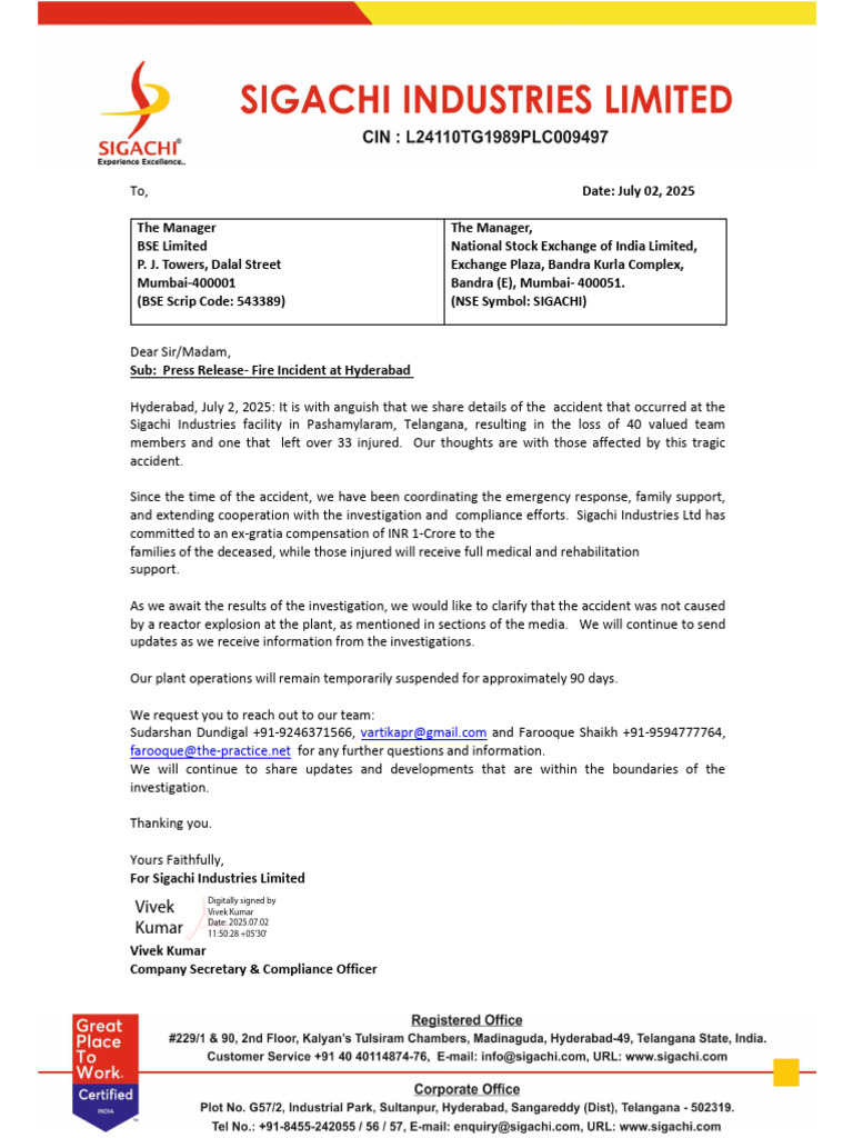 Sigachi Industries Fire Incident Report | PDF