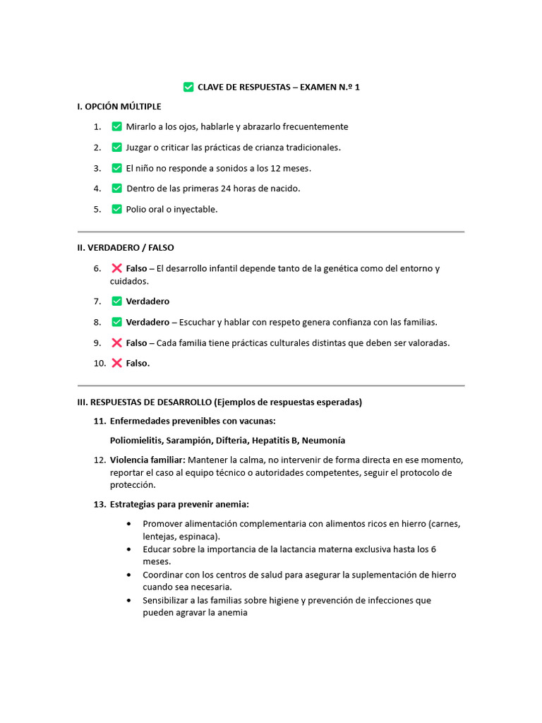 Clave de Respuestas Examen de Desarrollo Infantil | PDF